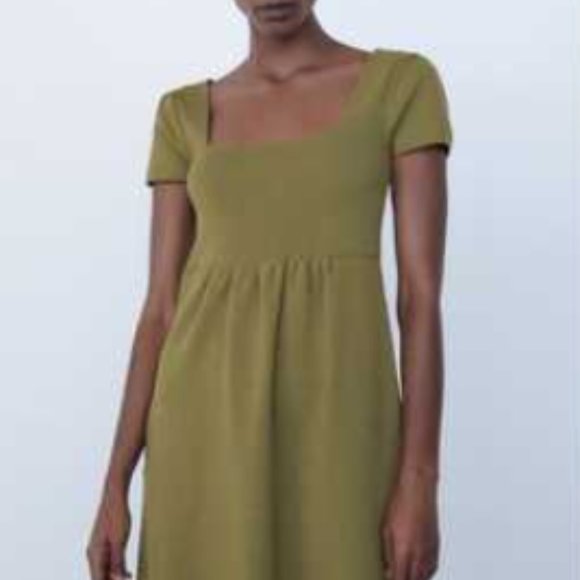 Zara | Dresses | Zara Square Neck Stretch Olive Green Mini Dress M ...